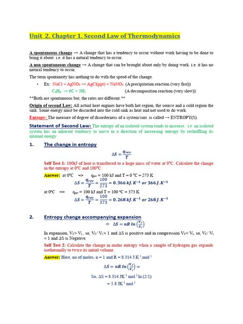 Unit 2 Chapter 1 Second Law Of Thermodynamics Summary Pdf Entropy