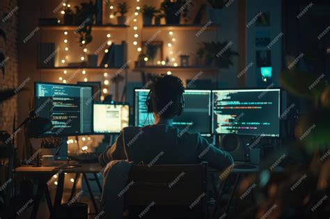 Nighttime Coding Session Developer Working On Multiple Screens With Code In Dark Room Perfect