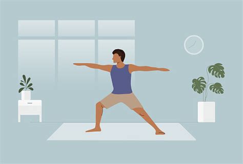 남자 전사 2 포즈 파란색 배경에 Virabhadrasana Ii에 대한 요가 International Yoga Day에 대한