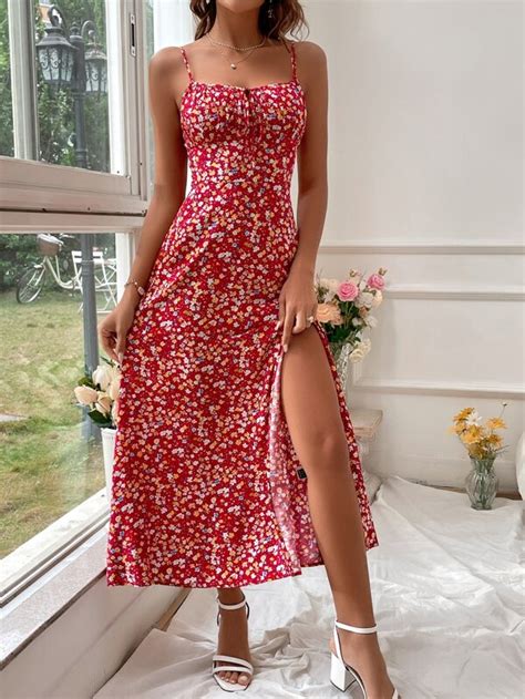 Shein Vcay Ditsy Floral Print Ruched Bust Split Thigh Cami Dress