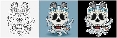연기가 나는 캐릭터 만화와 함께 두개골 머리 안에 우유 블랙 화이트 화려하고 스티커 스타일 T 셔츠에 대한 스톡 벡터 아트 및 기타 이미지 Istock