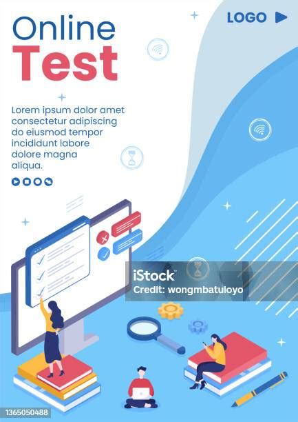 온라인 테스트 과정 전단지 템플릿 평면 디자인 일러스트레이션 소셜 미디어 E러닝 및 교육 개념에 대 한 사각형 배경의 편집 전단지에 대한 스톡 벡터 아트 및 기타 이미지