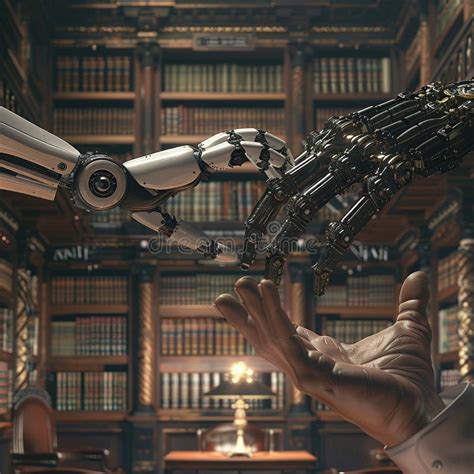 Robotic And Human Hands Touch In Grand Library Stock Illustration