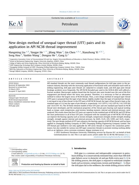 Pdf New Design Method Of Unequal Taper Thread Utt Pairs And Its Application In Api Nc38