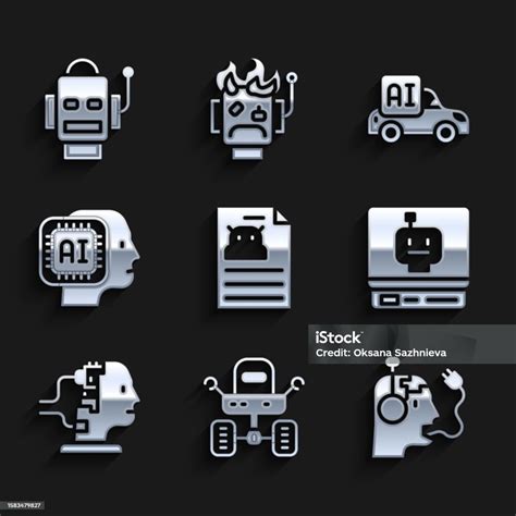 기술 사양 화성 탐사선 로봇 충전 배터리 유지 보수 휴머노이드 로봇 자율 스마트 자동차 및 아이콘을 설정하십시오 벡터 가공의