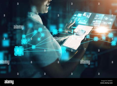 Woman Ai And Digital Tablet At Night Working With Big Data Ui And Technology For Ux At The