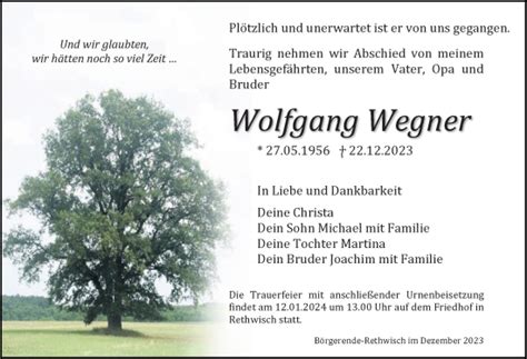 Traueranzeigen Von Wolfgang Wegner Trauer Anzeigen De
