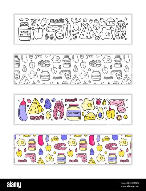 Horizontal Banners With Doodle Colored Ketogenic Foods Used Clipping