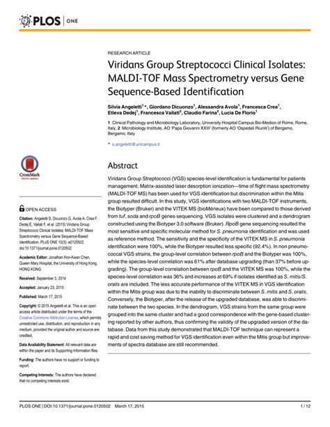 Pdf Viridans Group Streptococci Clinical Isolates Maldi Tof Mass Spectrometry Versus Gene