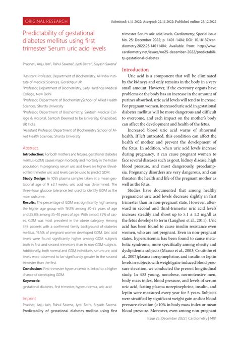 Pdf Predictability Of Gestational Diabetes Mellitus Using First Trimester Serum Uric Acid Levels