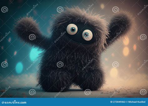 Fuzzy Coal Monster With Cartoon Eyes Having Fun Stock Illustration