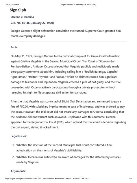 Defamation Case Occena V Icamina Pdf Defamation Damages