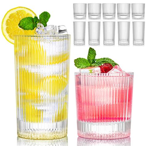 Triplorare Vintage Ribbed Water Glasses Set Of 12 6 Highball Glasses