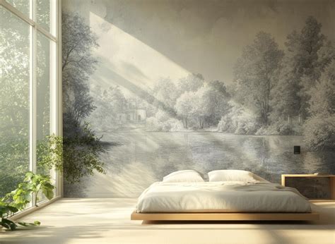 Historic Lakeside Pavilion Wallpaper Peaceful Monochrome Landscape Peel