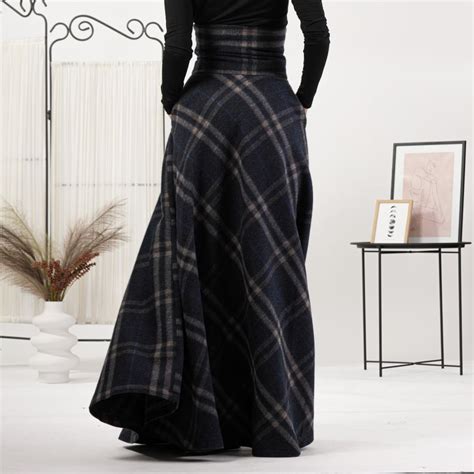 Wool Tartan Floor Length Skirt With Ultra High Waist In Plaid Color