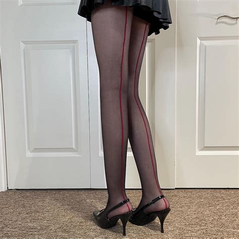 Shipped From England Black Sheer Tights With A Line Of Red Stitching