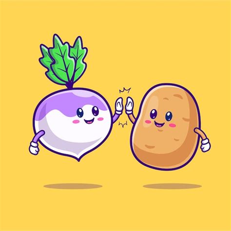 귀여운 콜라비와 감자 하이 파이브 만화 터 아이콘 일러스트레이션 음식 자연 고립 된 평면 프리미엄 벡터