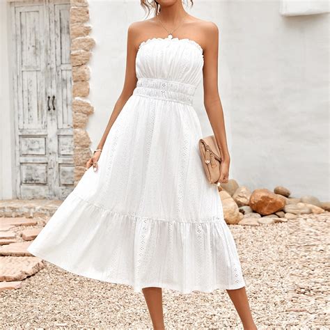 White Strapless Hollow Out Dress For Women New Casual Solid Color
