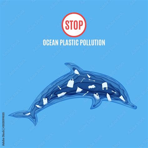 Dolphin Inside Plastic Waste In Paper Cut Style Poster Design Template