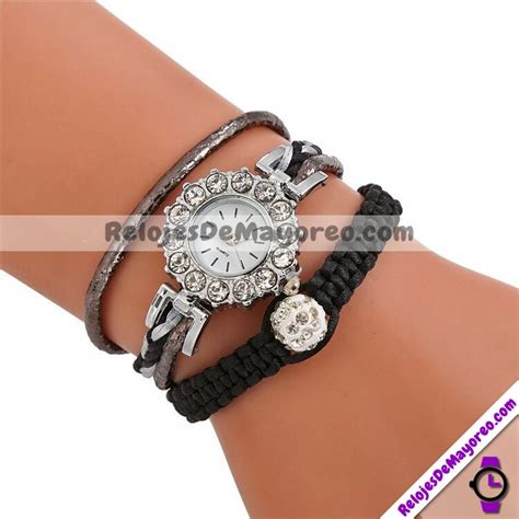 Reloj Pulsera Piedra Blanca Negro Extensible Piel Sinttica Flor