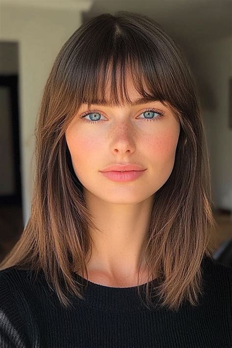 50 Chic Shoulder Length Haircuts With Bangs Straight Chestnut Brown