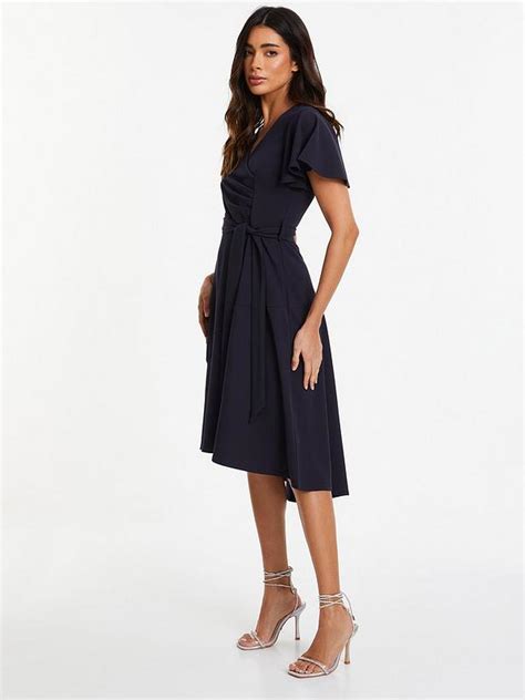 Quiz Navy Frill Sleeve Wrap Midi Dress Uk