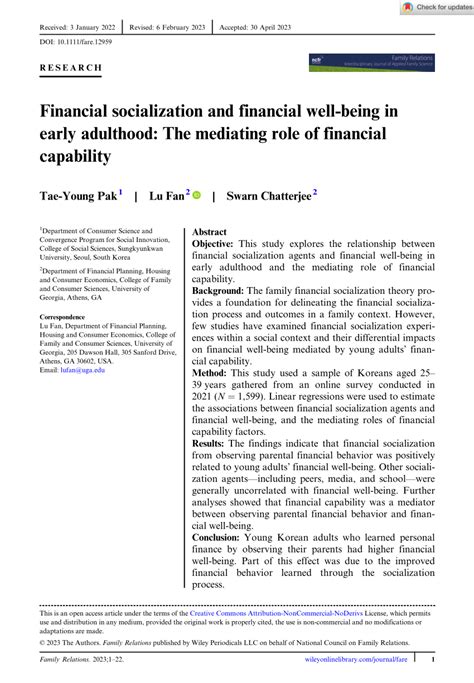 Pdf Financial Socialization And Financial Well‐being In Early