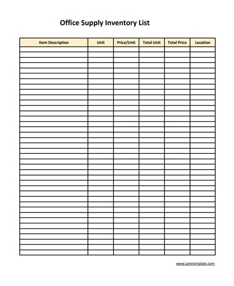 Printable Office Supply List Template