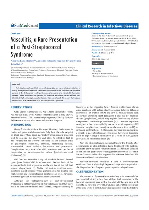 Pdf Vasculitis A Rare Presentation Of A Post Streptococcal