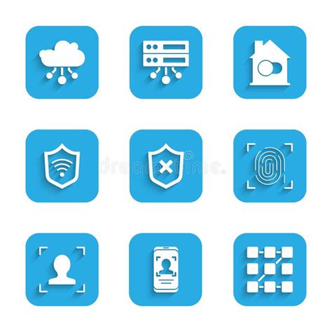 Set Shield With Cross Mark Mobile And Face Recognition Graphic