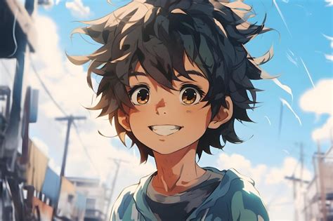 Un niño de anime travieso y aventurero con cabello desordenado y