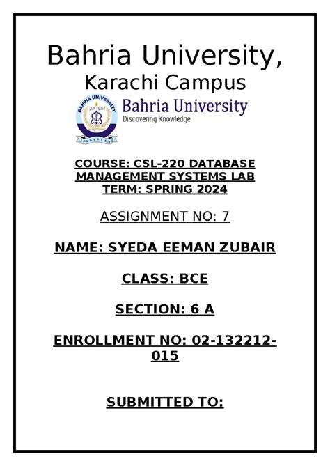Dbms Lab7 Dbms Lab 7 Bahria University Karachi Campus Course Csl
