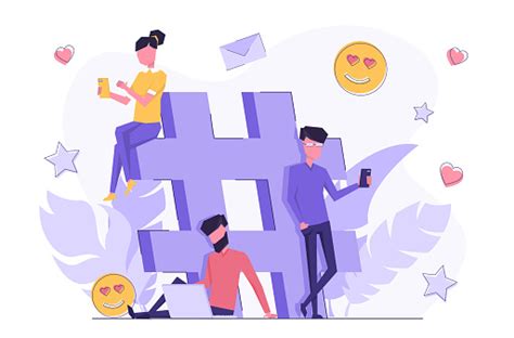 소셜 네트워크 사람들은 해시 태그의 배경에 앉아서 소셜 미디어에서 상호 작용합니다 Brand Name Online Messaging Platform에 대한 스톡 벡터 아트