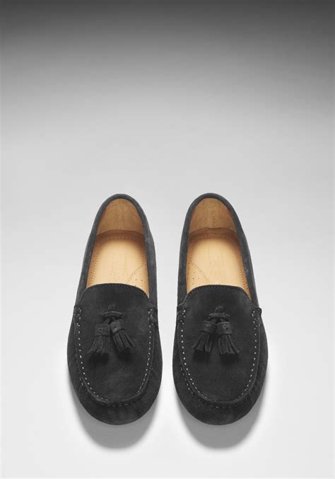 Womens Tasselled Driving Loafers Black Suede Hugs And Co
