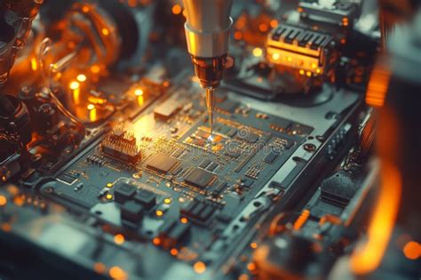 Detailed Close Up Of Robotic Soldering On A Pcb Assembly In A High Tech Manufacturing