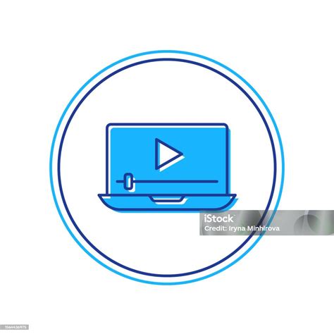 흰색 배경에 격리 된 온라인 재생 비디오 아이콘을 입력 된 개요 플레이 기호와 노트북과 필름 스트립 벡터 가득 찬에 대한 스톡