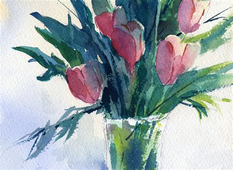 Bouquet Of Tulips In Vase Watercolor Lesson Watercolor Methods