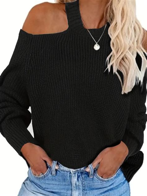 Solid Cold Shoulder Cut Knit Sweater Casual Crew Neck Long Temu Canada