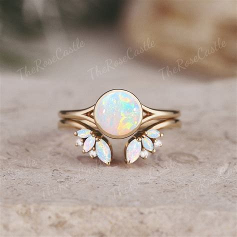 Unique Round Opal Engagement Ring Set Vintage Rainbow Opal Etsy