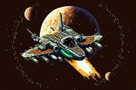 Pixel Art De La Nave Espacial Volando Sobre El Fondo De Los Planetas En