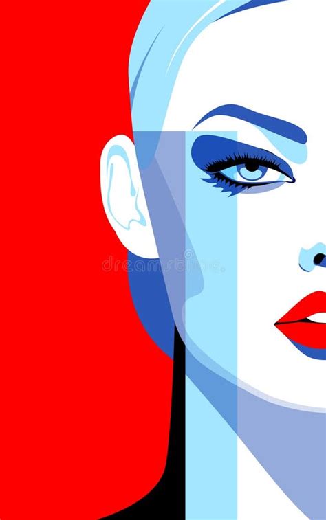 Beautiful Young Fashion Woman With Blond Hair Blue Eyes And Red Lipstick Minimalism Abstract