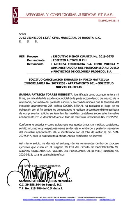 Solicitud Cancelacion Medida Cautelar Apto 205 Y Solicitud Nuevas