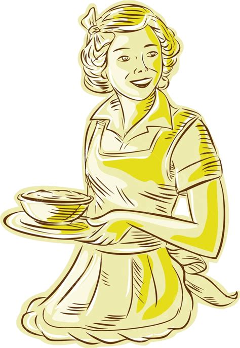 Homemaker Serving Bowl Of Food Vintage Etching Drawing Isolated White Background Vector Drawing