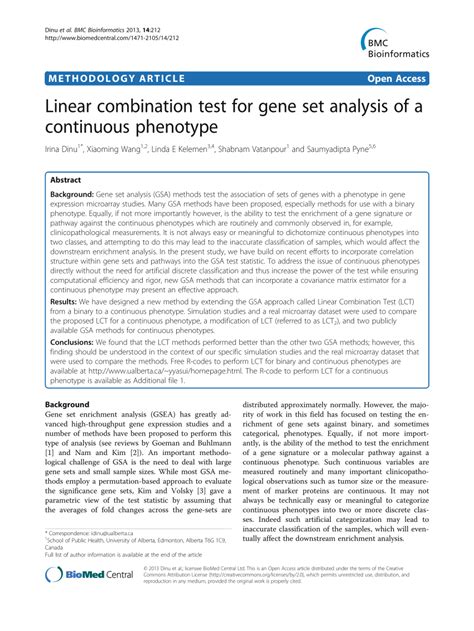 Pdf Linear Combination Test For Gene Set Analysis Of A Continuous Phenotype