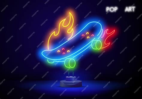 스케이트보드 로고 네온 사인 밤 밝은 광고 화려한 간판 조명에 스케이트 공원 네온 텍스트 프리미엄 벡터