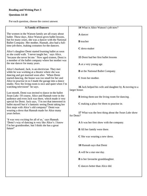 K Reading Part 3 Multiple Choice I Comp Pdf Ballet Dances