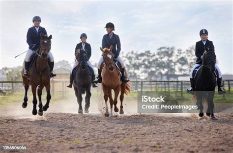 농장에서 말을 타고 매력적인 젊은 여성 기수의 그룹의 전체 길이 샷 말 기수에 대한 스톡 사진 및 기타 이미지 말 기수 말 스포츠 헬멧 Istock