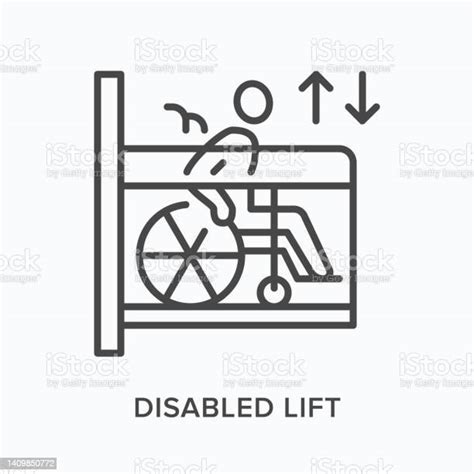 엘리베이터 플랫 라인 아이콘입니다 장애가 있는 인간을 위한 리프트의 벡터 개요 그림입니다 휠체어를 위한 까만 얇은 선형 그림 휠체어에 대한 스톡 벡터 아트 및 기타 이미지