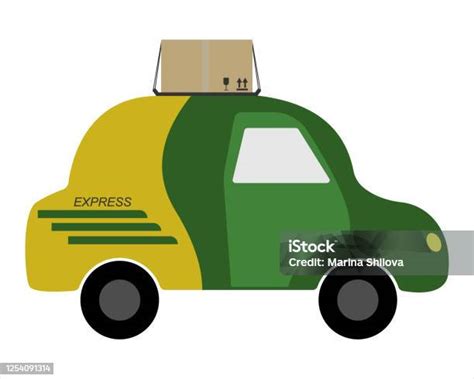 흰색 배경에 분리 된 골판지 상자가있는 노란색 녹색 익스프레스 배달 자동차 개념에 대한 스톡 벡터 아트 및 기타 이미지 개념 개념과 주제 교통 Istock