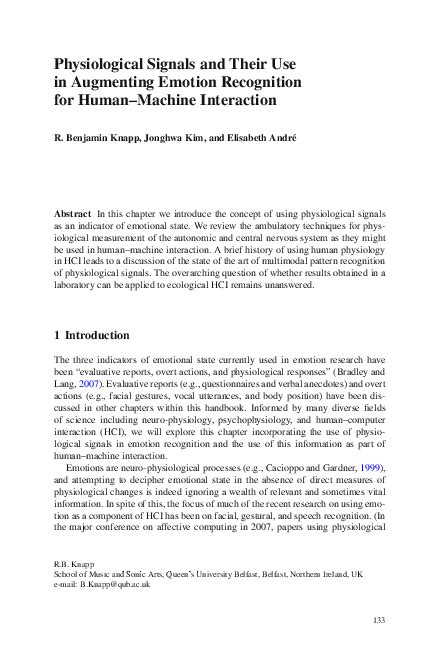 Pdf Physiological Signals And Their Use In Augmenting Emotion